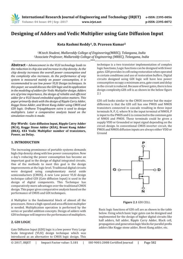 Designing of Adders and Vedic Multiplier using Gate Diffusion Input | PDF