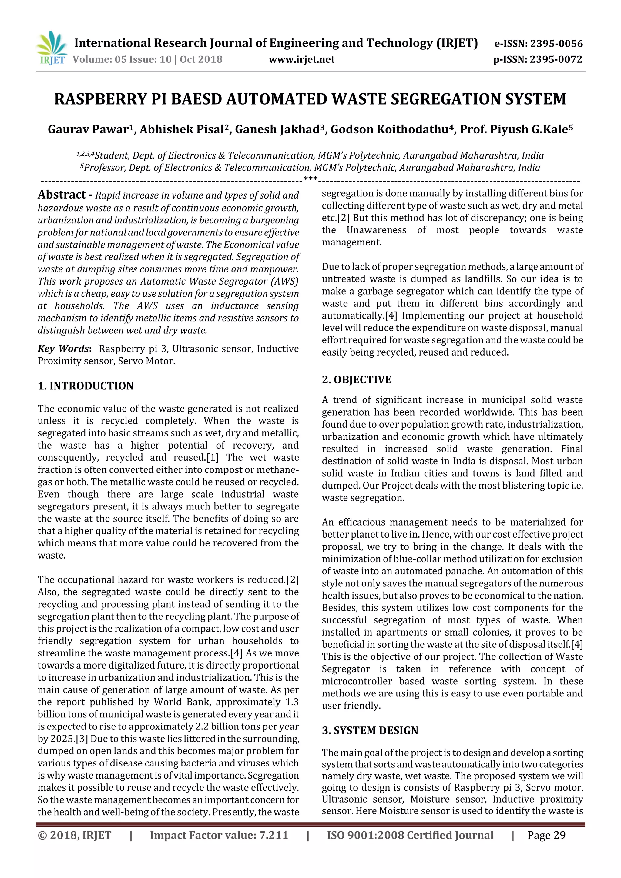 IRJET- Raspberry Pi Baesd Automated Waste Segregation System | PDF