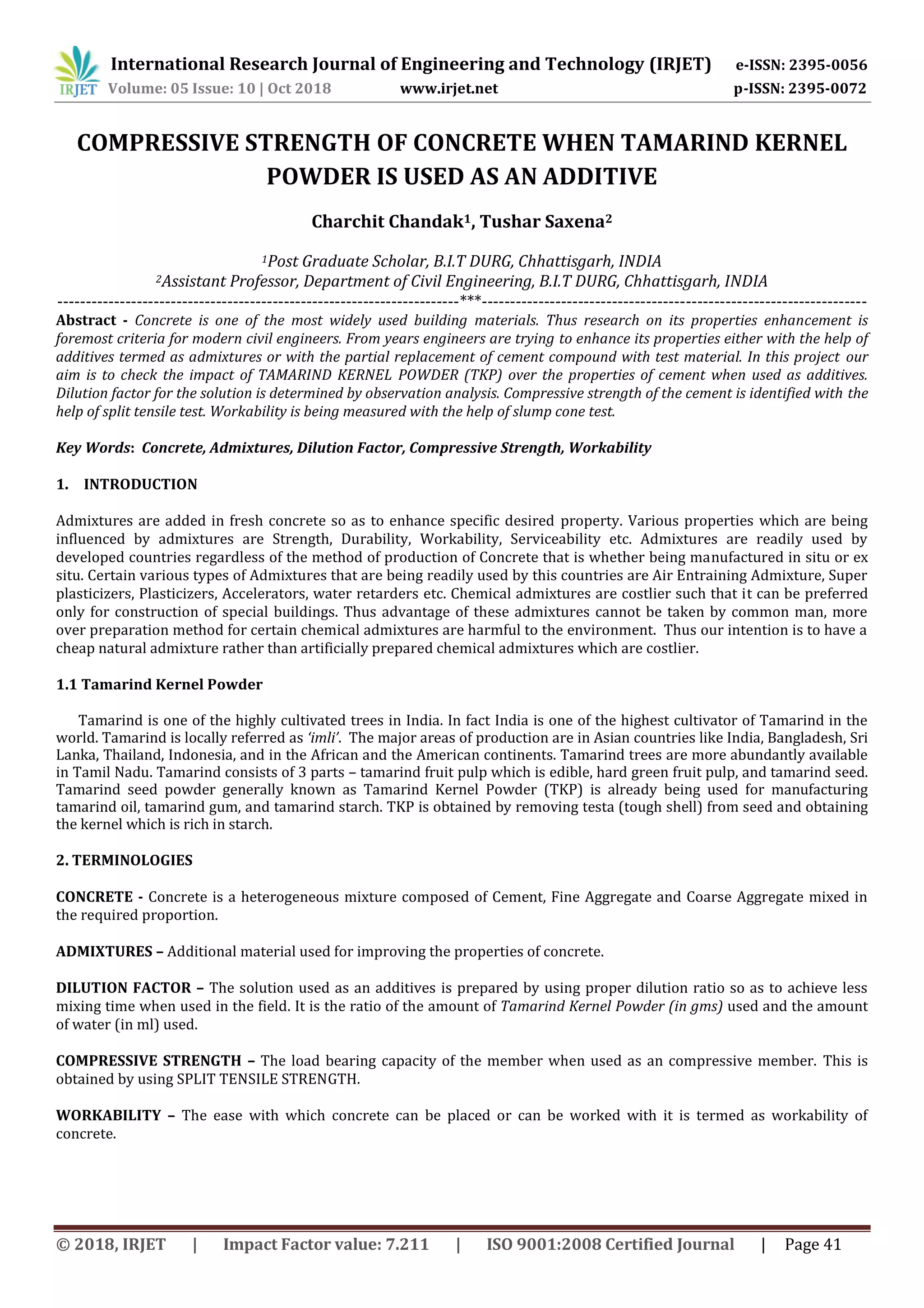 IRJET- Compressive Strength of Concrete when Tamarind Kernel Powder is used as an Additive | PDF