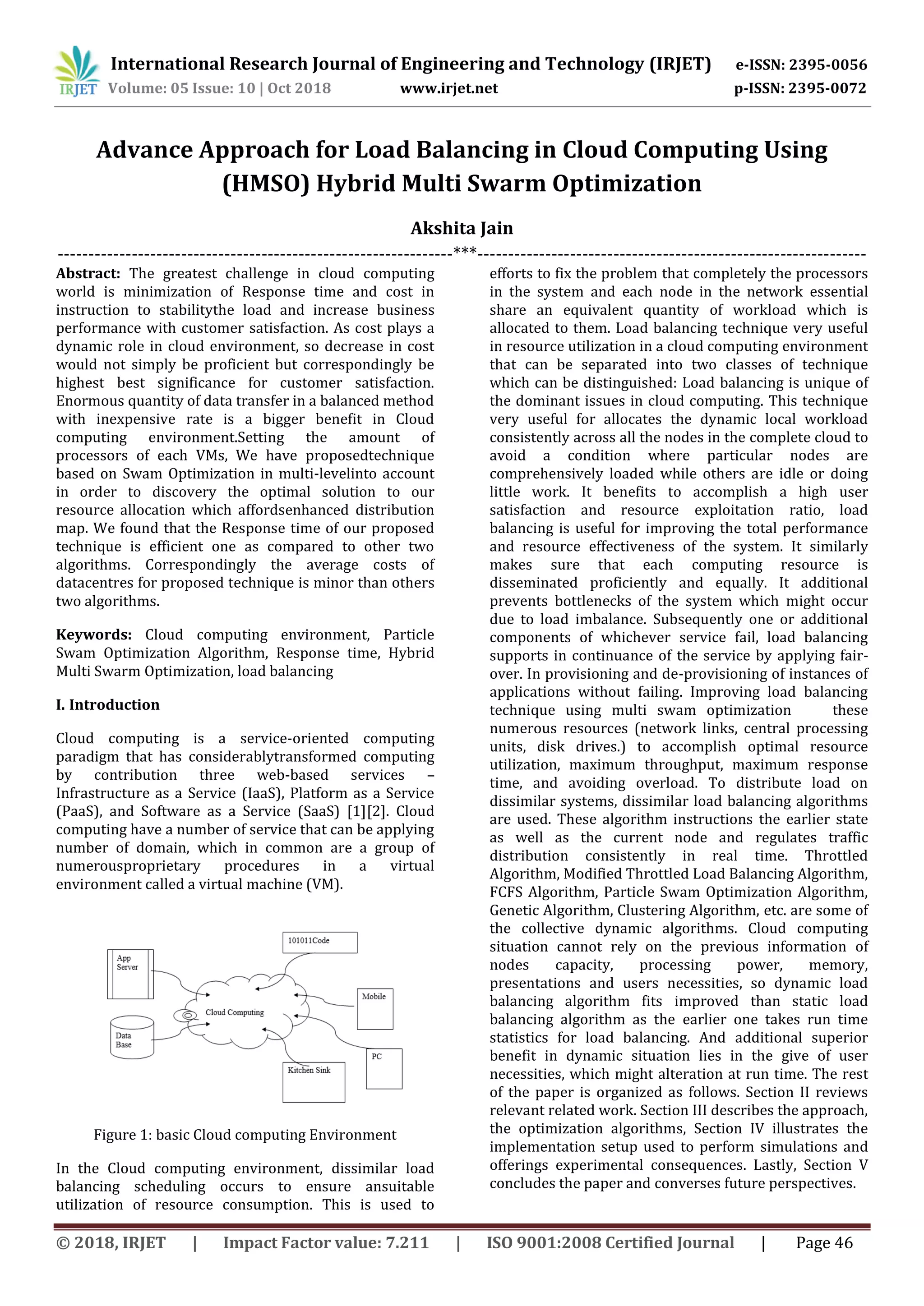 Irjet Advance Approach For Load Balancing In Cloud Computing Using Hmso Hybrid Multi Swarm