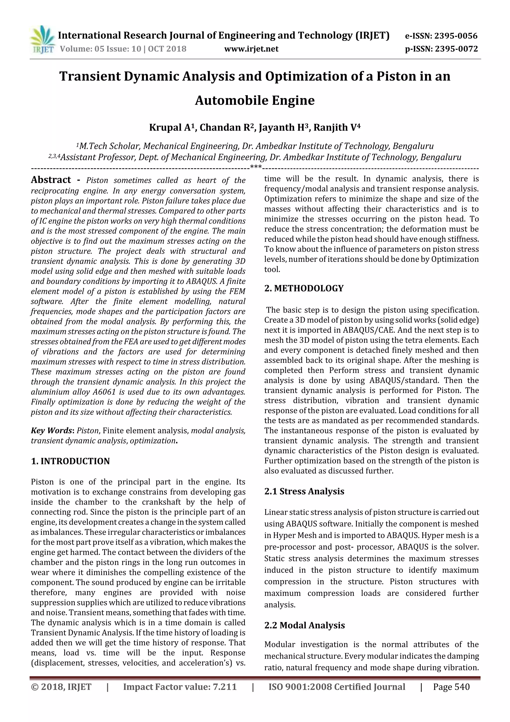 IRJET- Transient Dynamic Analysis and Optimization of a Piston in an ...