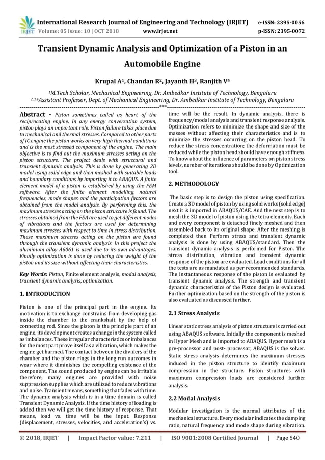 IRJET- Transient Dynamic Analysis and Optimization of a Piston in an ...