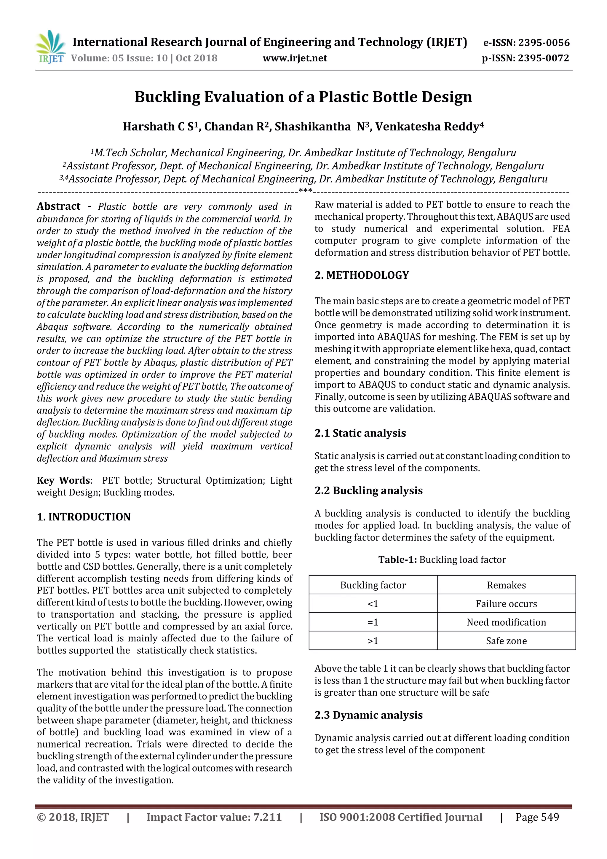 IRJET- Buckling Evaluation of a Plastic Bottle Design | PDF