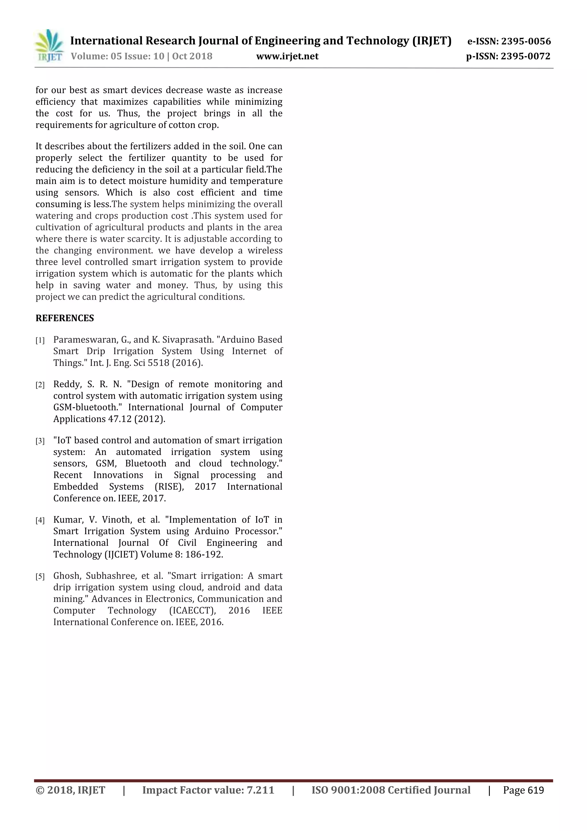 IRJET- Remote Monitoring and Control System with Automatic Irrigation System and Soil Monitoring ...