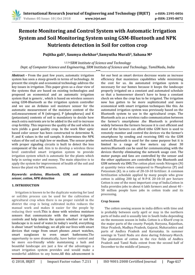 IRJET- Remote Monitoring and Control System with Automatic Irrigation System and Soil Monitoring ...