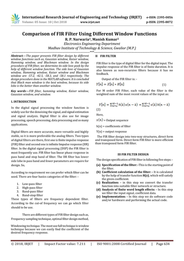 IRJET- Comparison of FIR Filter using Different Window Functions | PDF