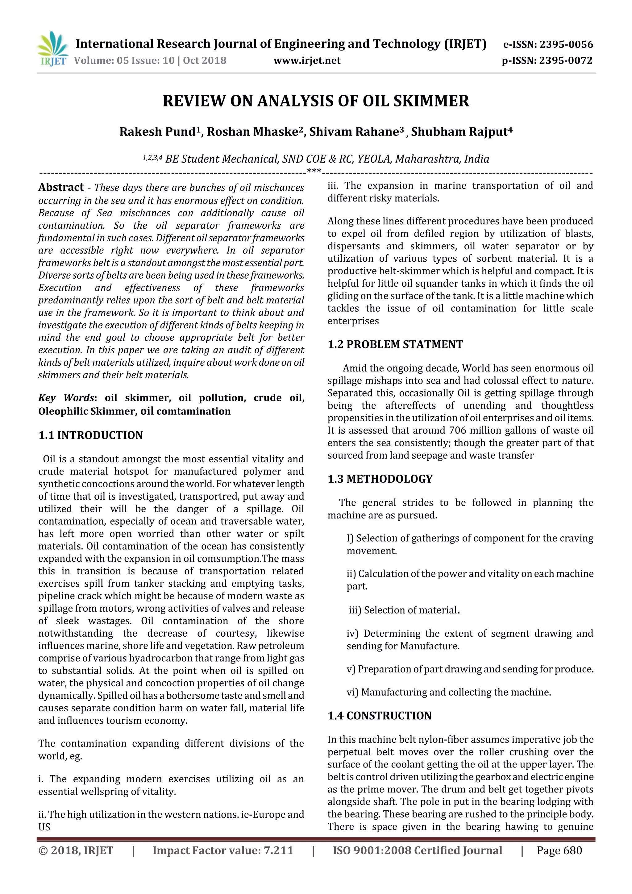 IRJET- Review on Analysis of Oil Skimmer | PDF