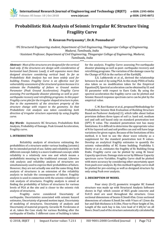 IRJET- Probabilistic Risk Analysis of Seismic Irregular RC Structure using Fragility Curve | PDF
