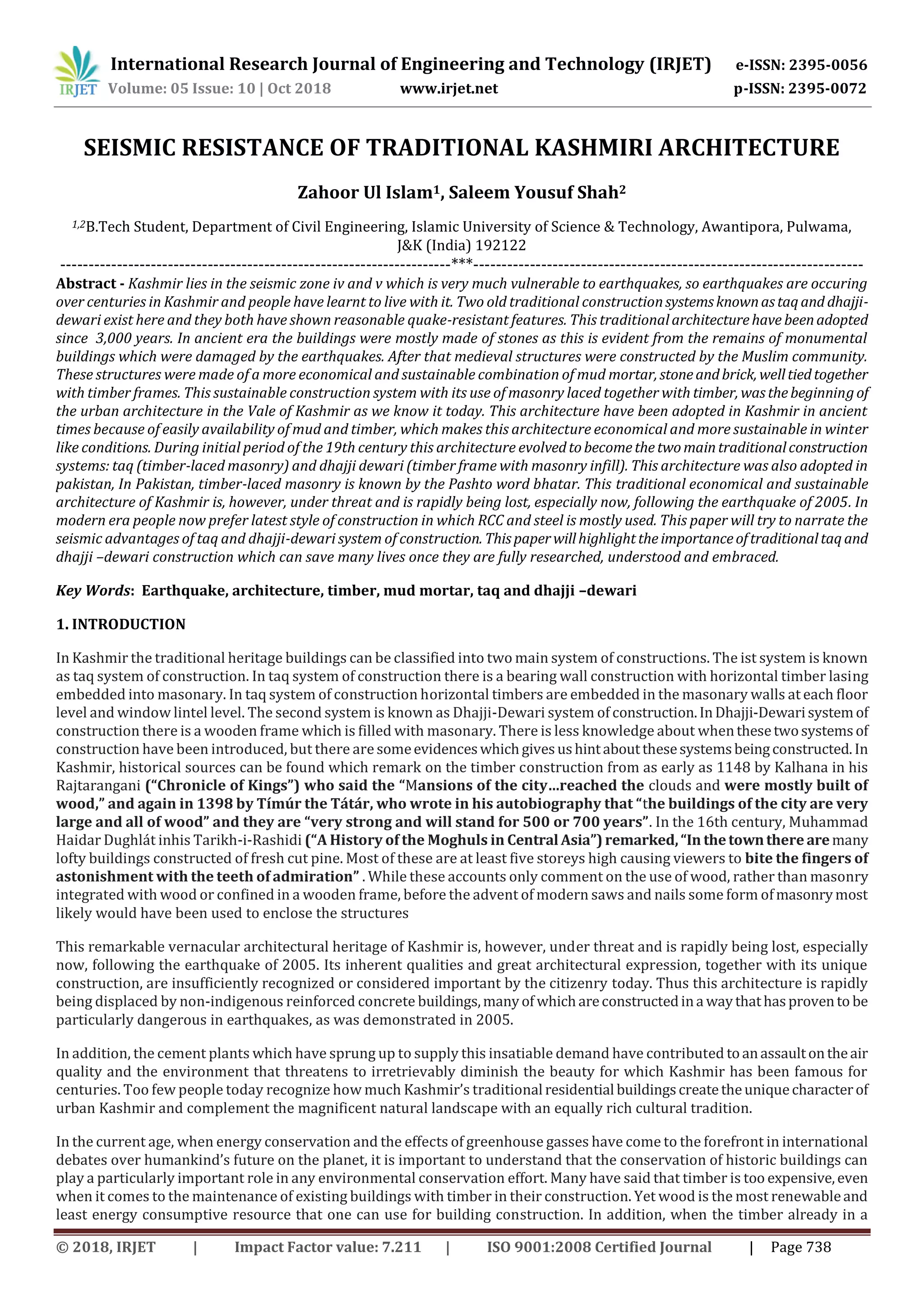 IRJET- Seismic Resistance of Traditional Kashmiri Architecture | PDF