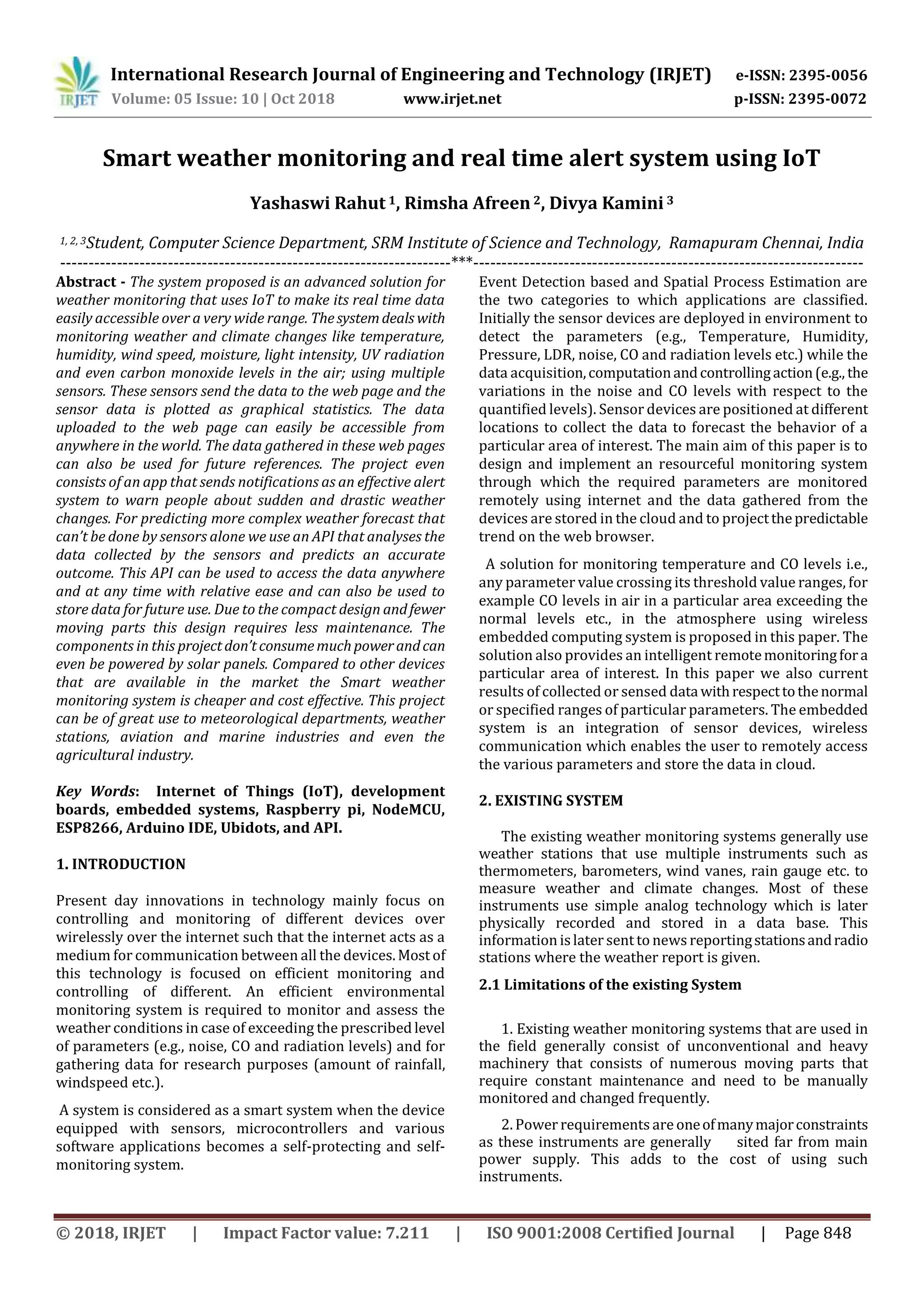 IRJET- Smart Weather Monitoring and Real Time Alert System using IoT | PDF