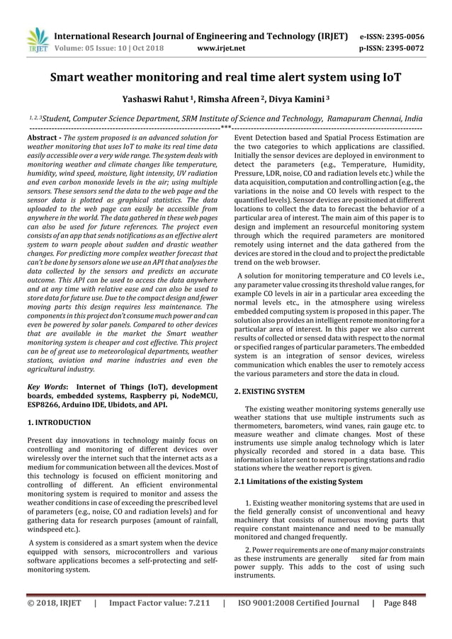 IRJET- Smart Weather Monitoring and Real Time Alert System using IoT | PDF