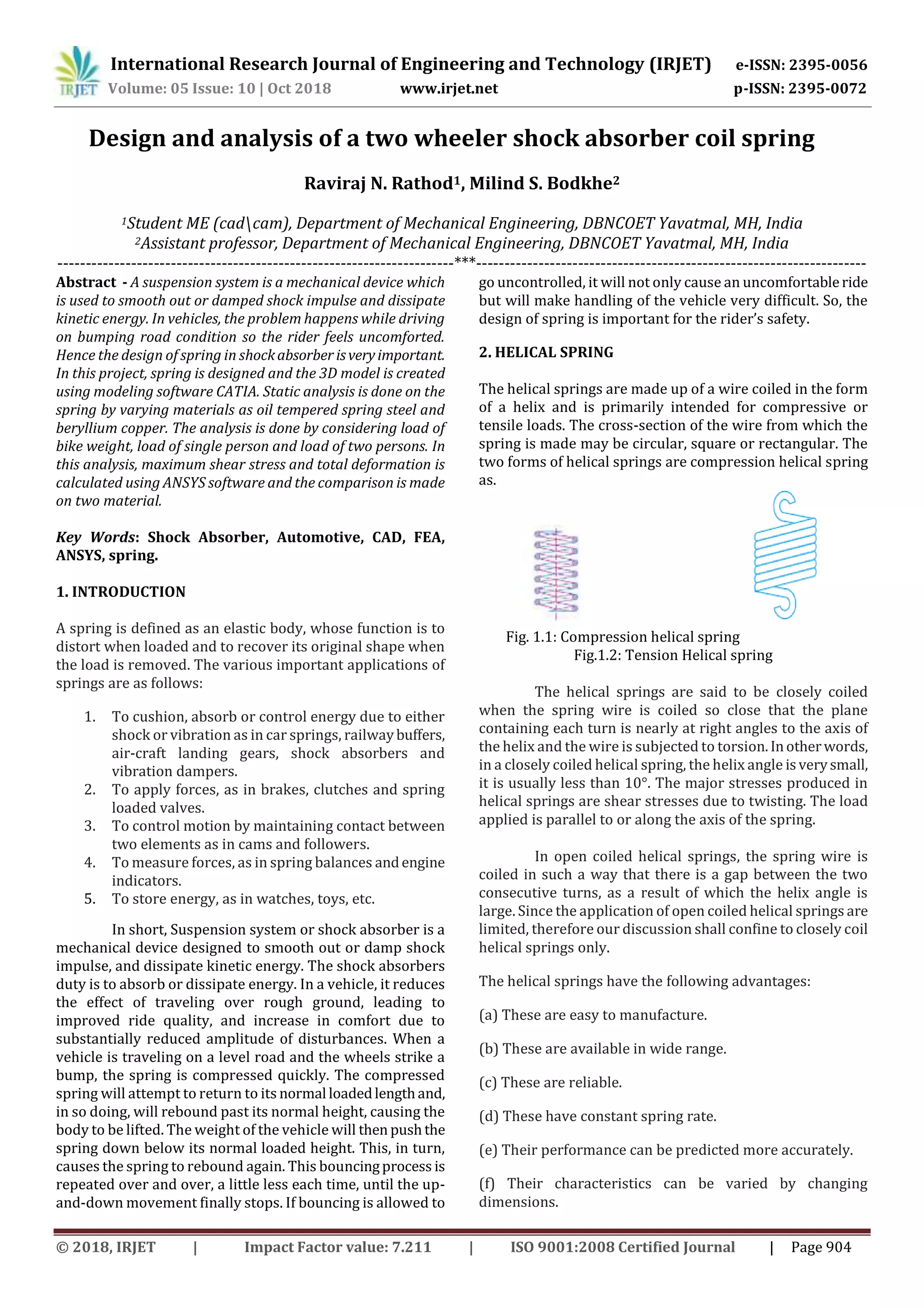 IRJET- Design and Analysis of a two Wheeler Shock Absorber Coil Spring ...