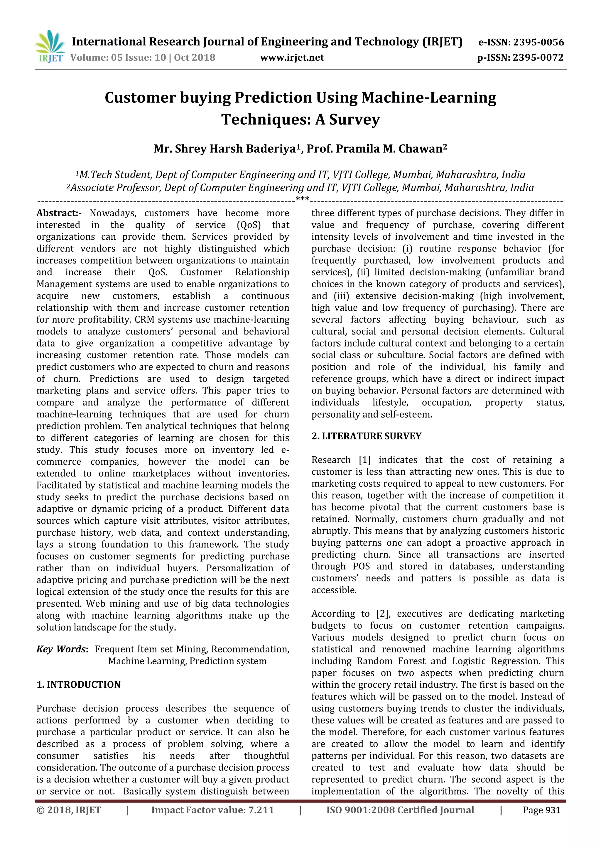 IRJET- Customer Buying Prediction using Machine-Learning Techniques: A Survey | PDF | Marketing ...