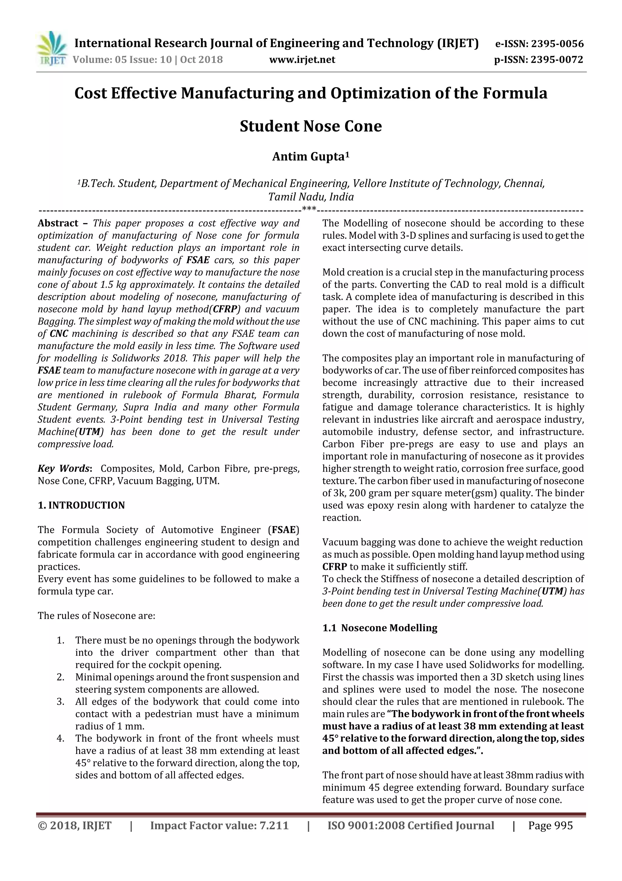 IRJET- Cost Effective Manufacturing and Optimization of the Formula ...