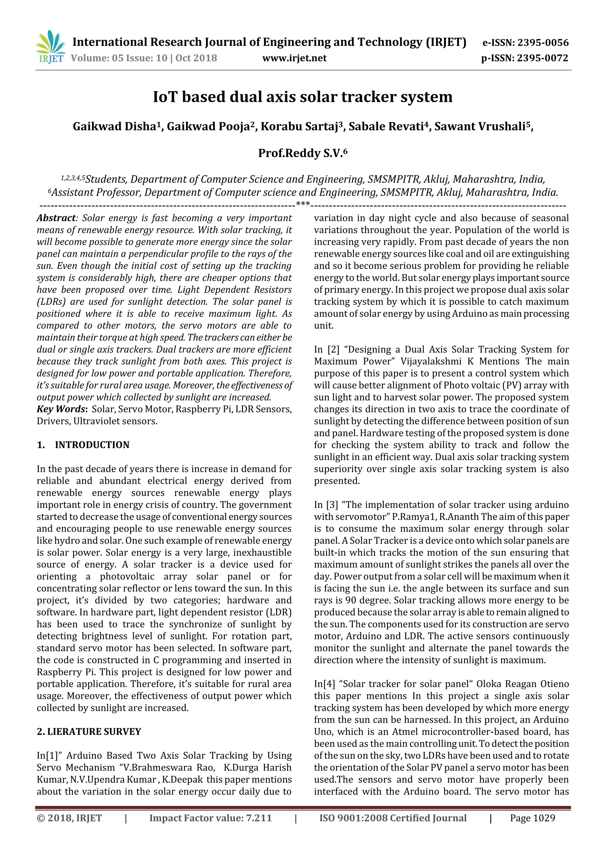 IRJET- IoT based Dual Axis Solar Tracker System | PDF