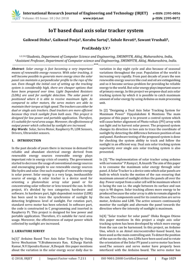 IRJET- IoT based Dual Axis Solar Tracker System | PDF | Home Appliances | Home & Garden