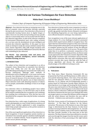 IRJET- A Review on Various Techniques for Face Detection | PDF