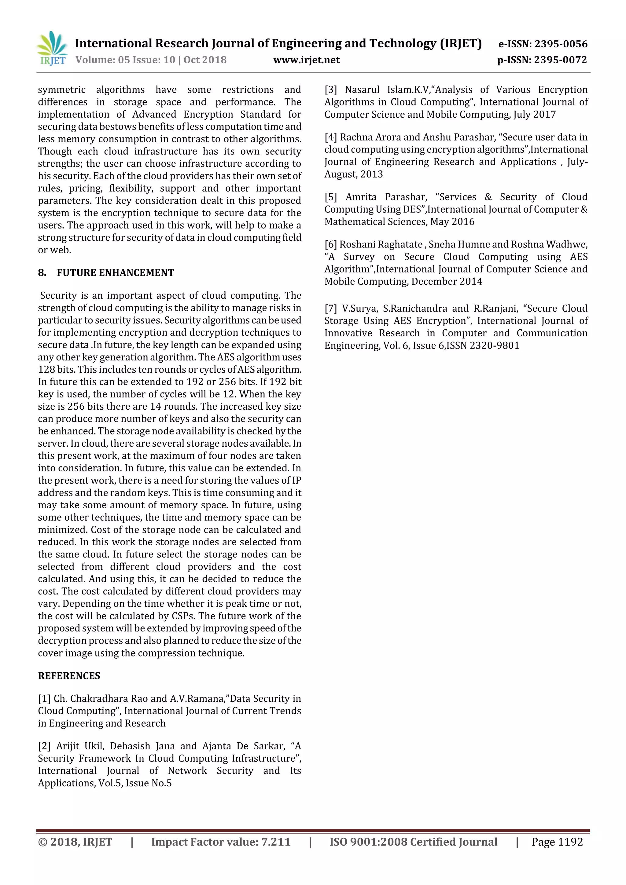 IRJET- Cloud Data Security using AES Algorithm | PDF