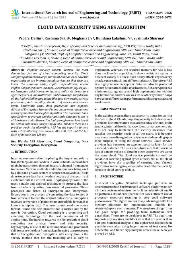 IRJET- Cloud Data Security using AES Algorithm | PDF IRJET- Cloud Data Security using AES Algorithm | PDF