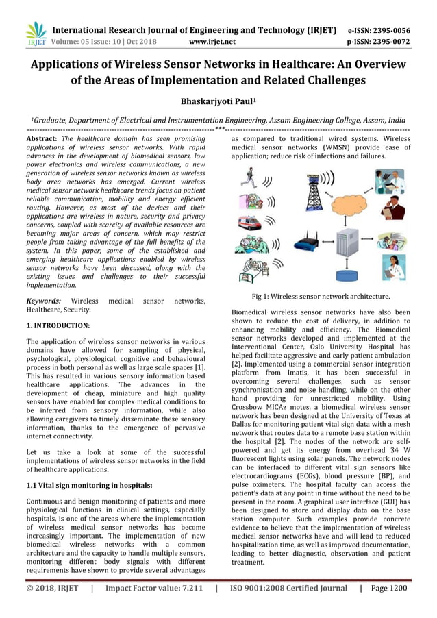 IRJET- Applications of Wireless Sensor Networks in Healthcare: An Overview of the Areas of ...