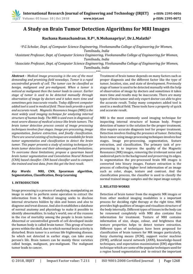 IRJET- A Study on Brain Tumor Detection Algorithms for MRI Images | PDF