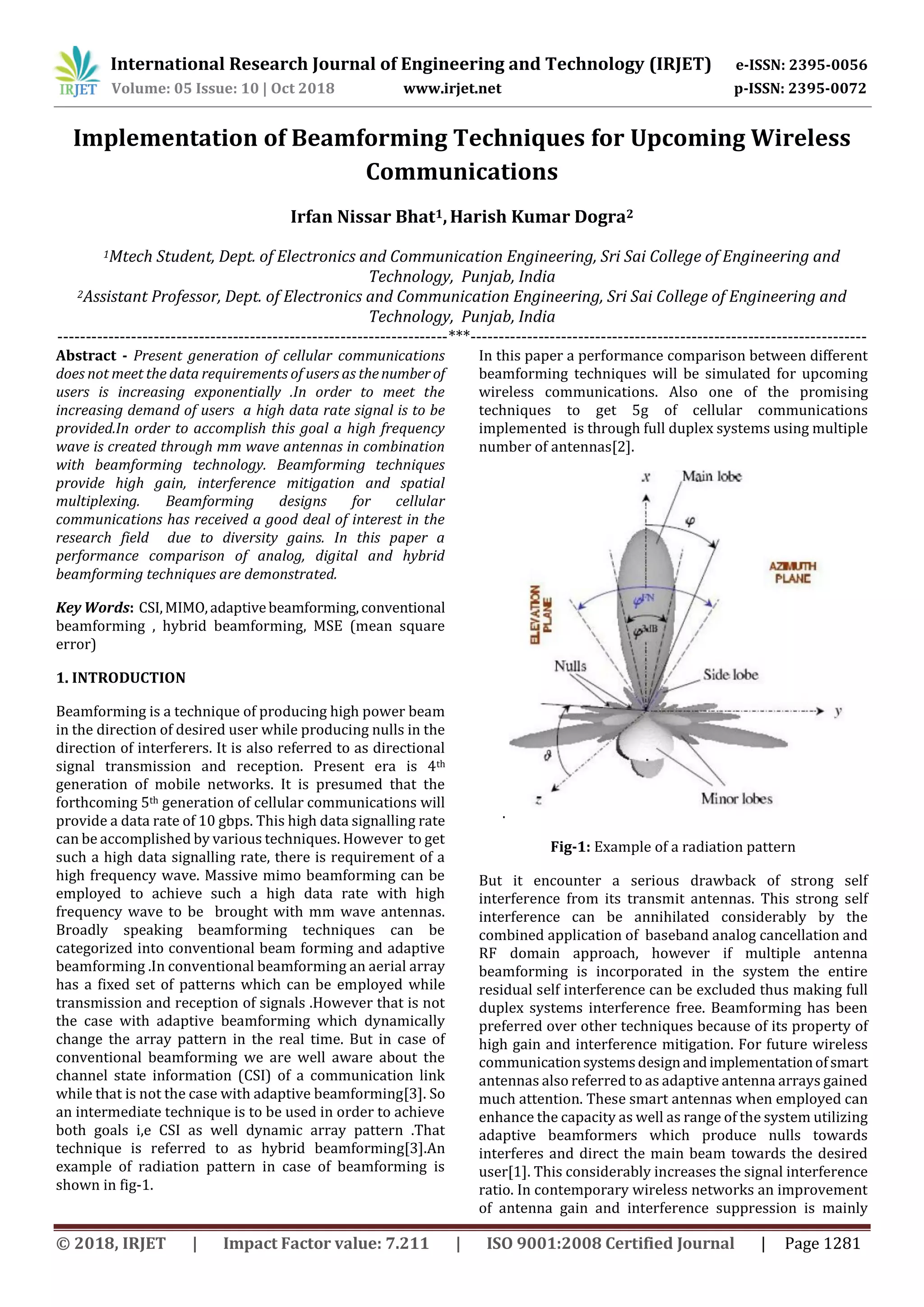IRJET- Implementation of Beamforming Techniques for Upcoming Wireless Communications | PDF