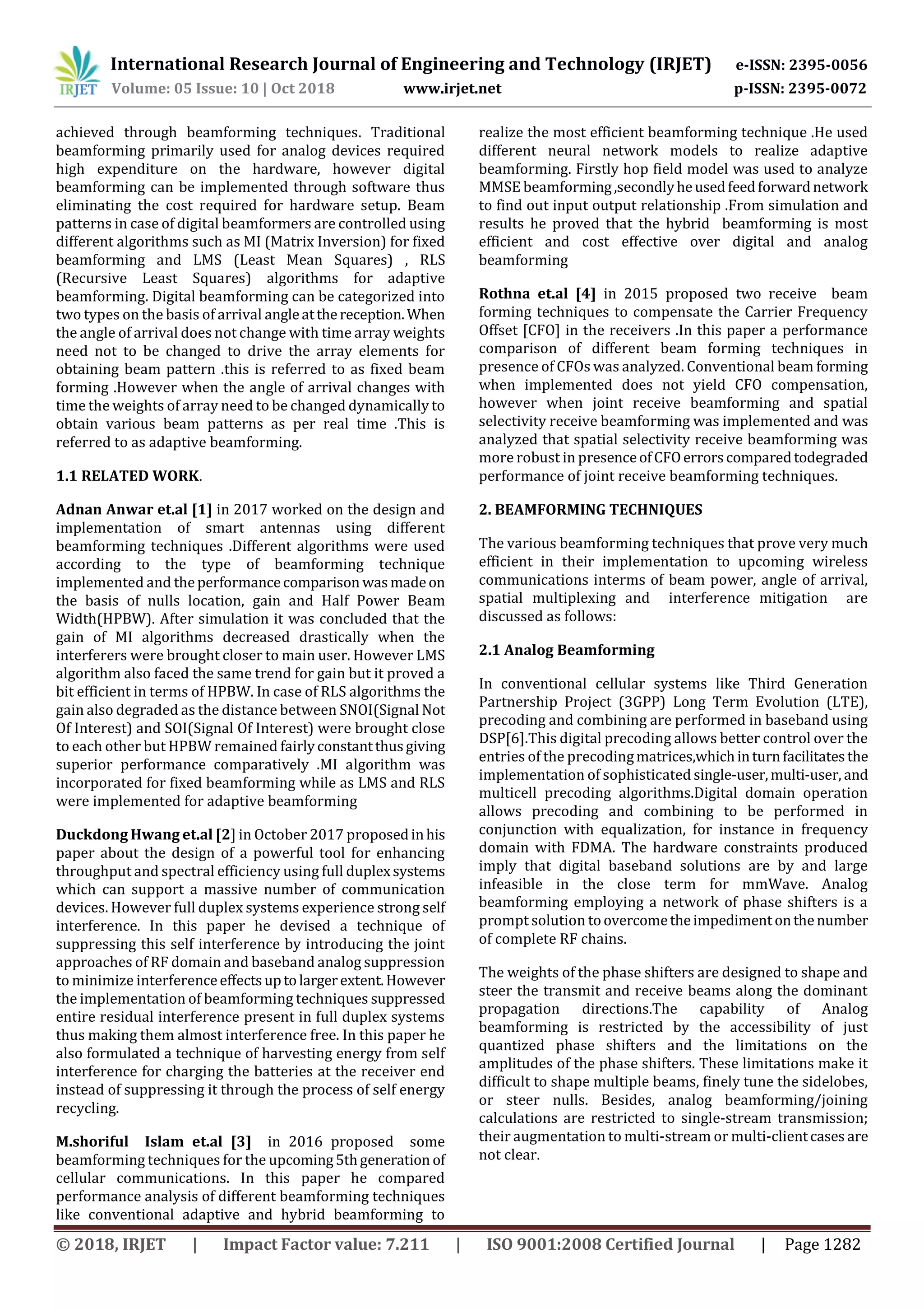 IRJET- Implementation of Beamforming Techniques for Upcoming Wireless Communications | PDF