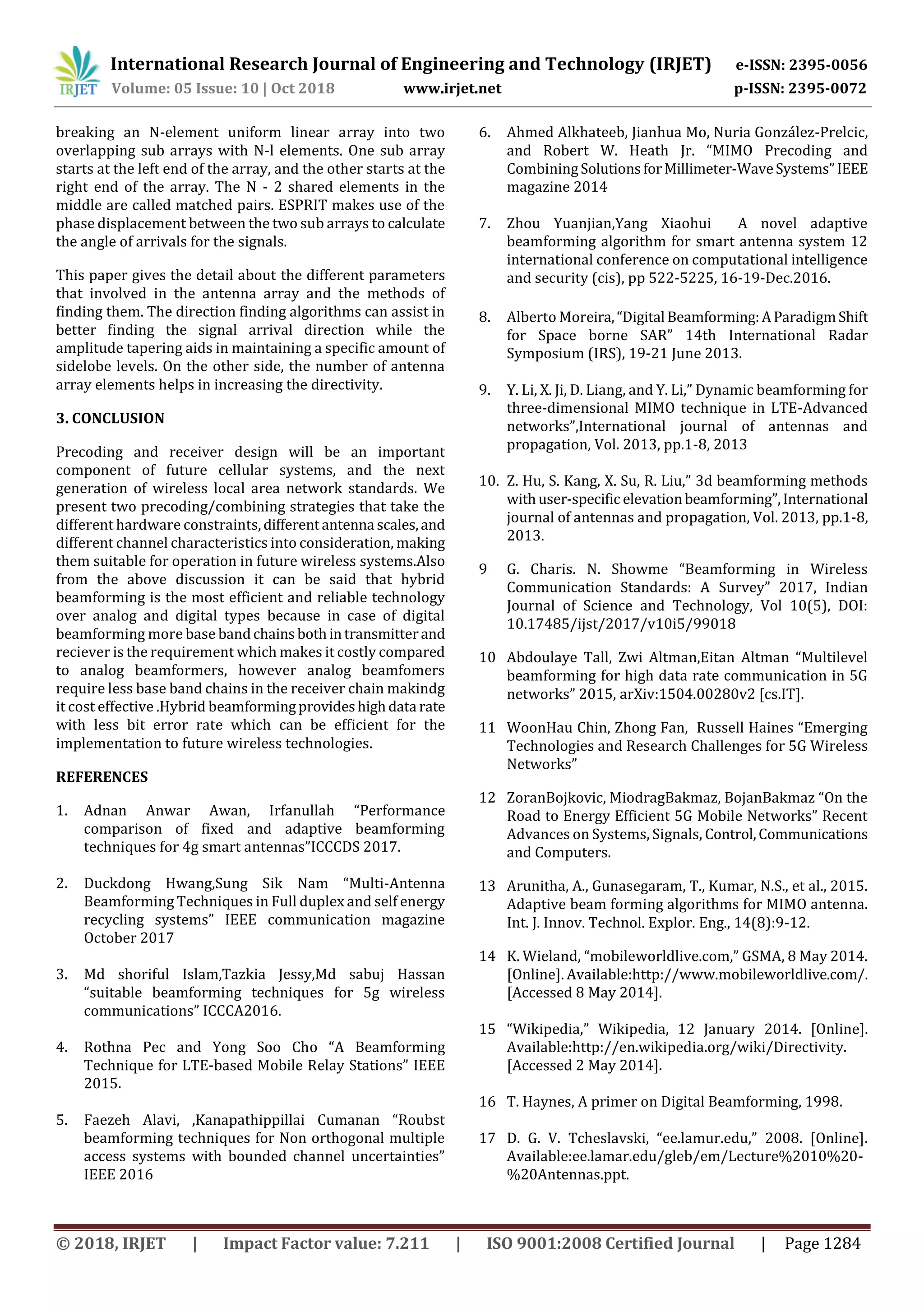 IRJET- Implementation of Beamforming Techniques for Upcoming Wireless Communications | PDF