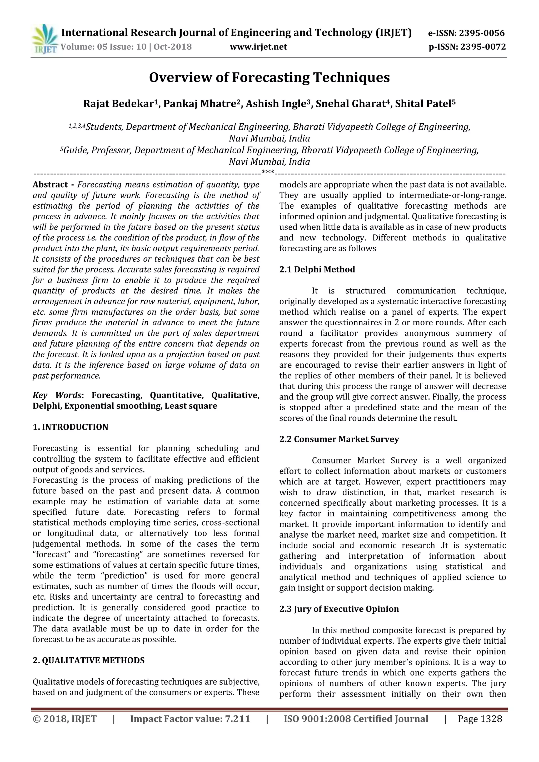 IRJET- Overview of Forecasting Techniques | PDF