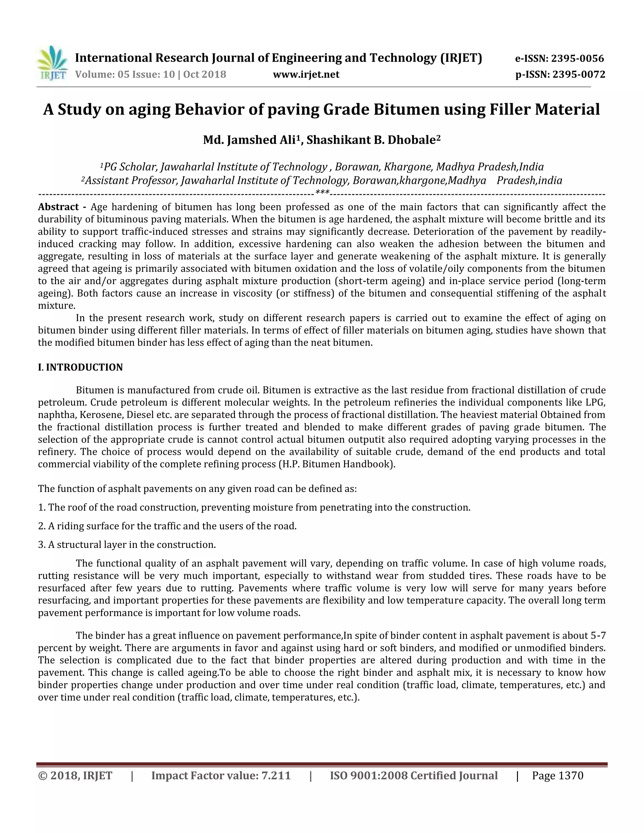IRJET- A Study on Aging Behavior of Paving Grade Bitumen using Filler ...