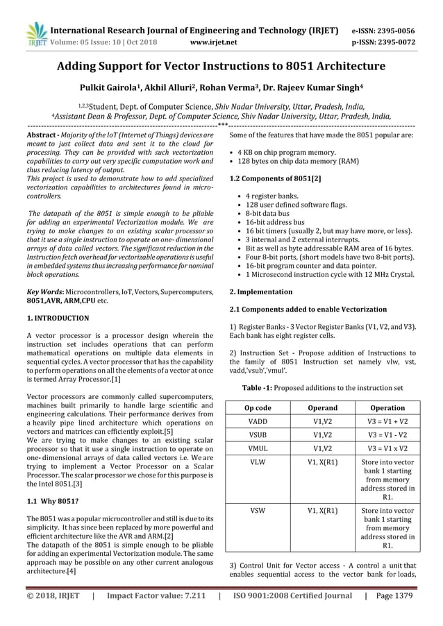 IRJET- Adding Support for Vector Instructions to 8051 Architecture | PDF
