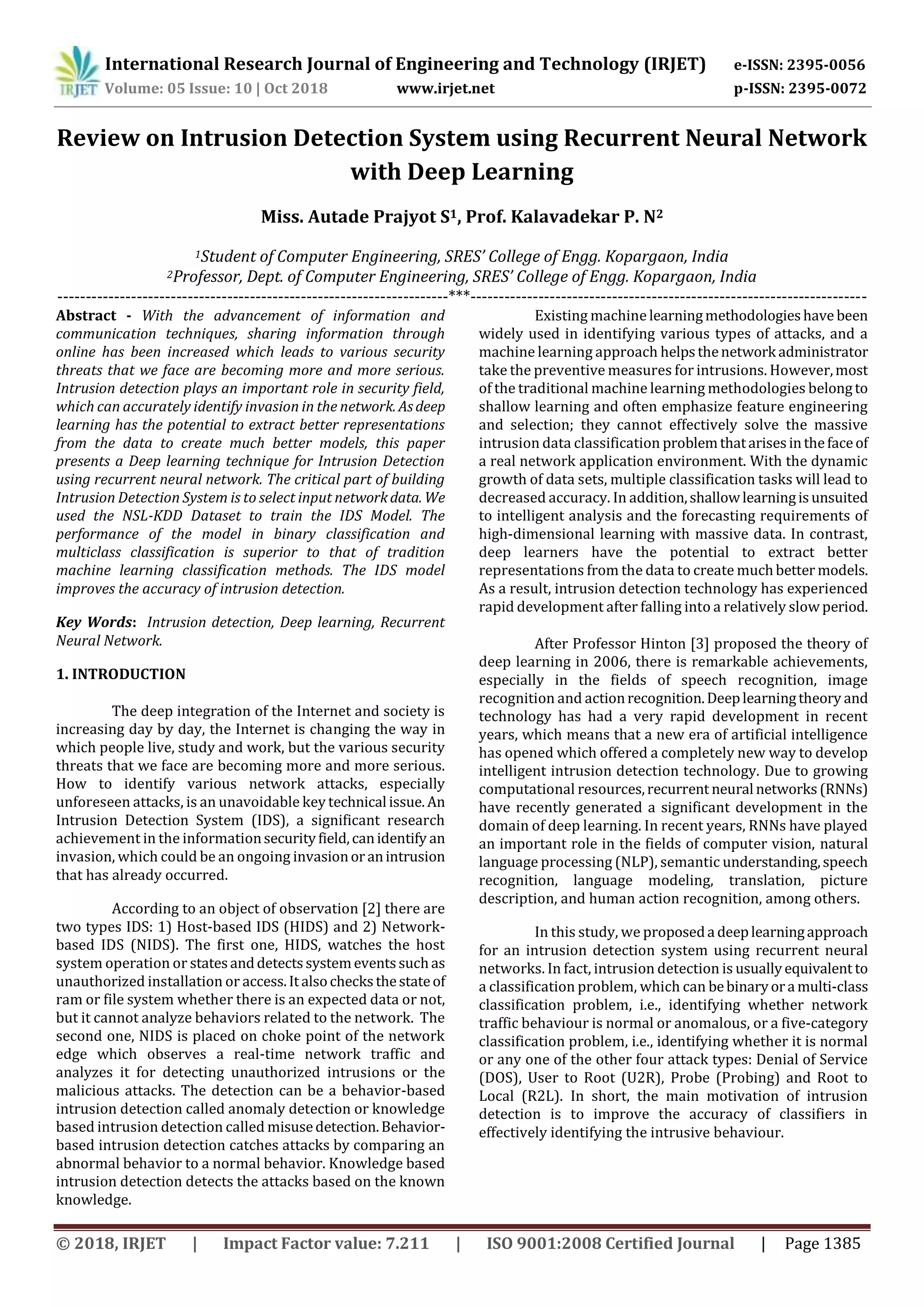 IRJET- Review on Intrusion Detection System using Recurrent Neural Network with Deep Learning | PDF