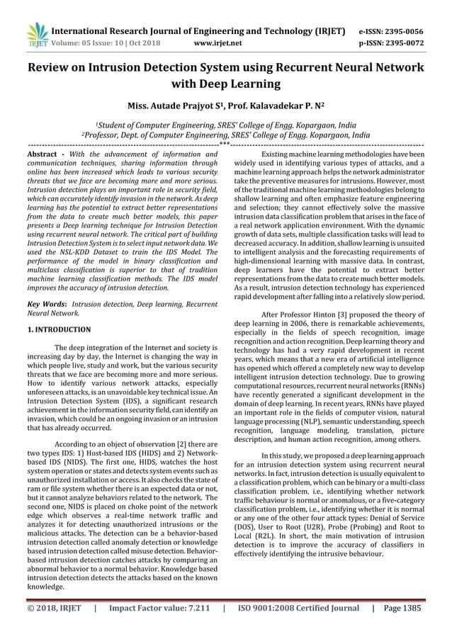 IRJET- Review on Intrusion Detection System using Recurrent Neural Network with Deep Learning | PDF
