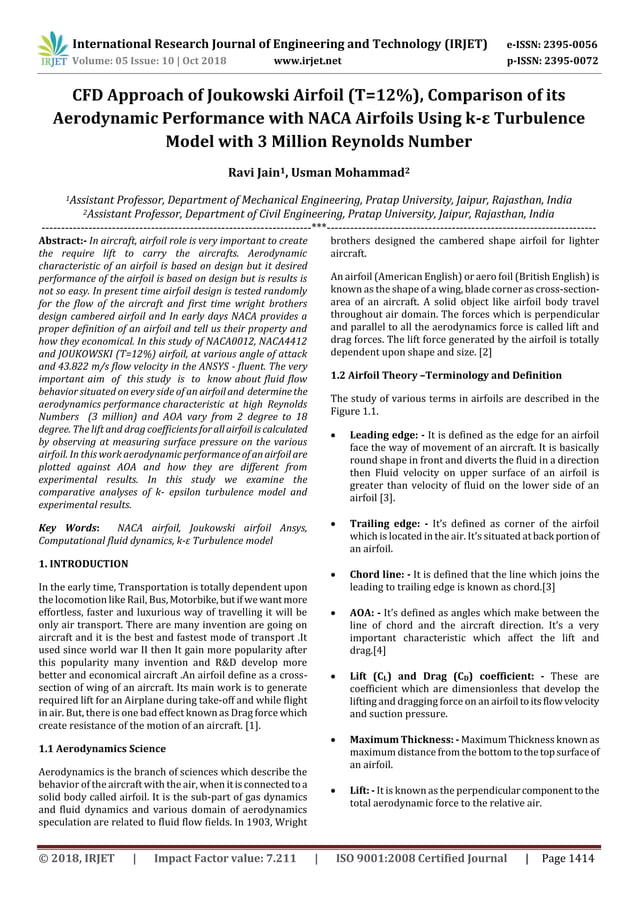 IRJET- CFD Approach of Joukowski Airfoil (T=12%), Comparison of its ...