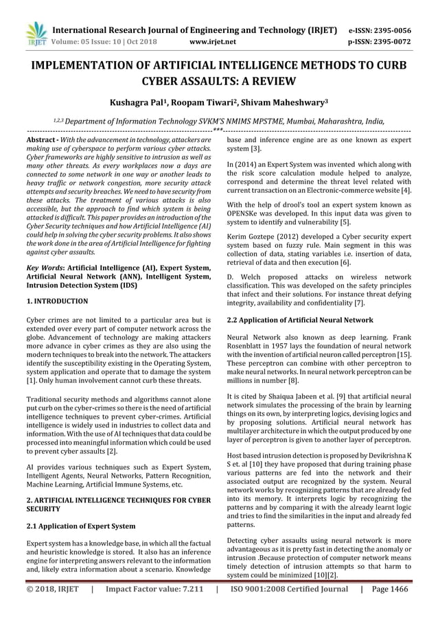 IRJET- Implementation of Artificial Intelligence Methods to Curb Cyber Assaults: A Review | PDF