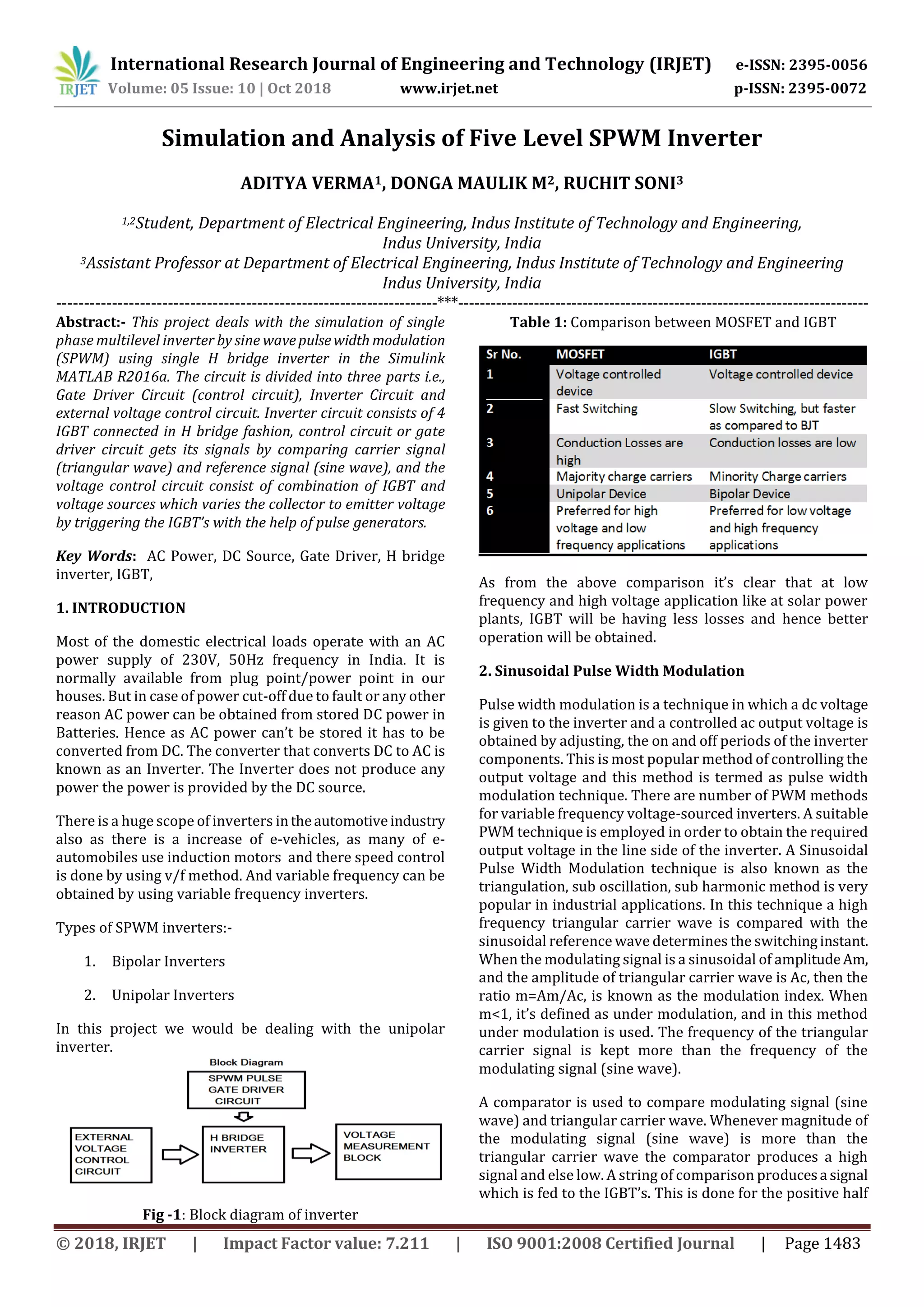 IRJET- Simulation and Analysis of Five Level SPWM Inverter | PDF
