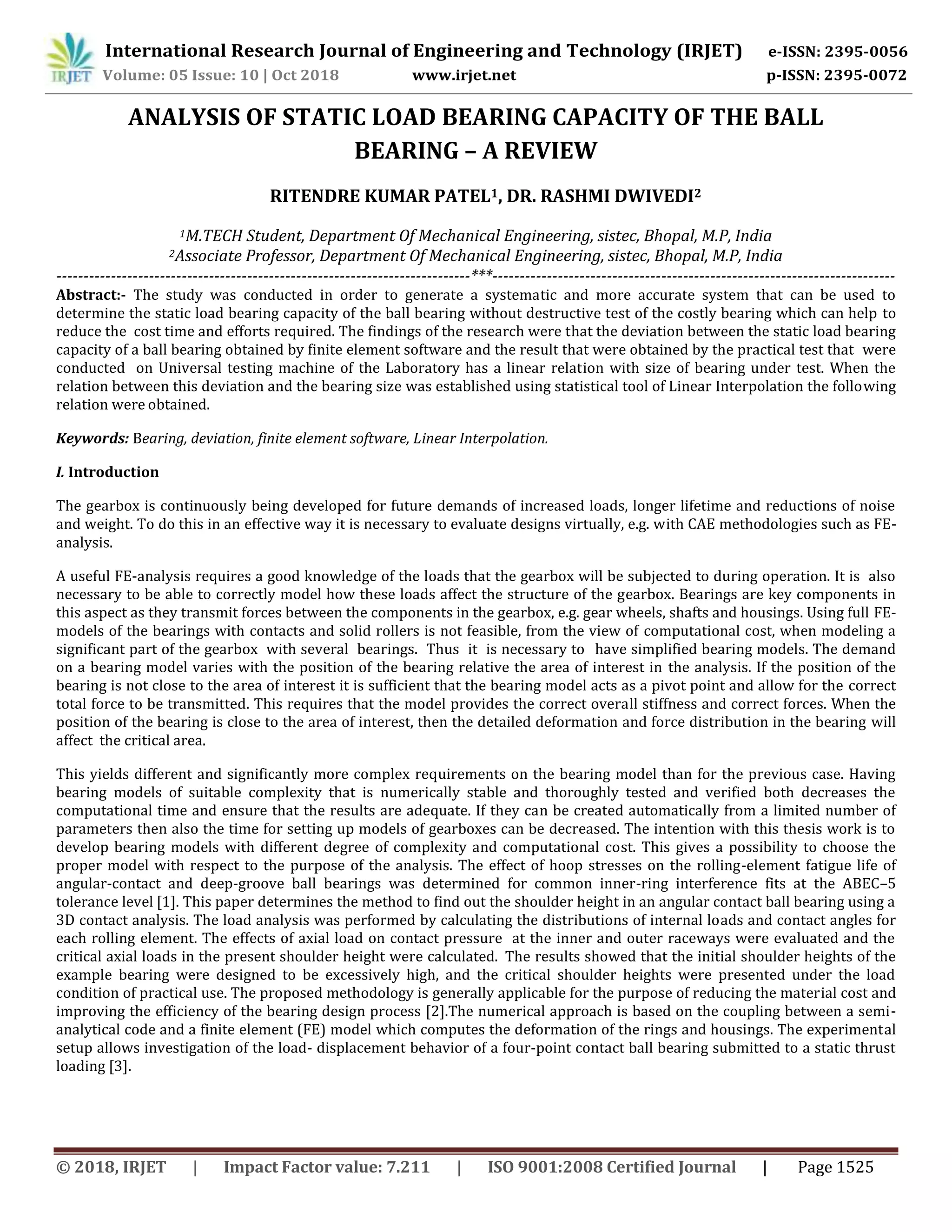 IRJET- Analysis of Static Load Bearing Capacity of the Ball Bearing – A ...