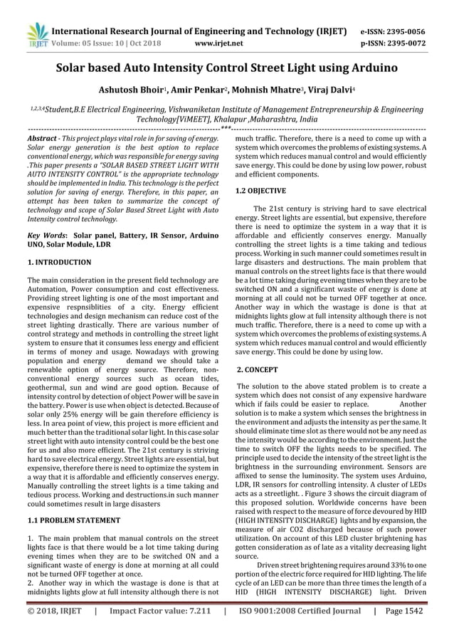 IRJET- Solar based Auto Intensity Control Street Light using Arduino | PDF