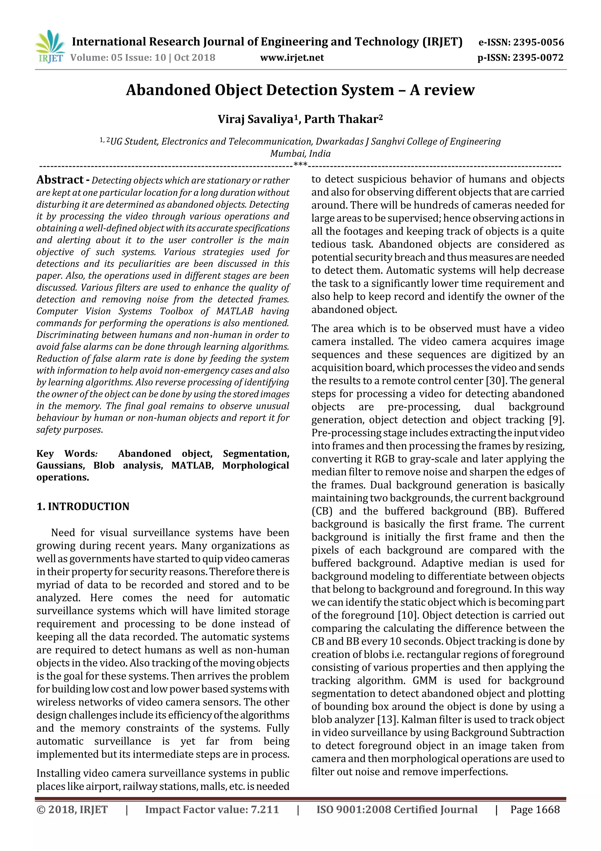 Irjet Abandoned Object Detection System A Review Pdf