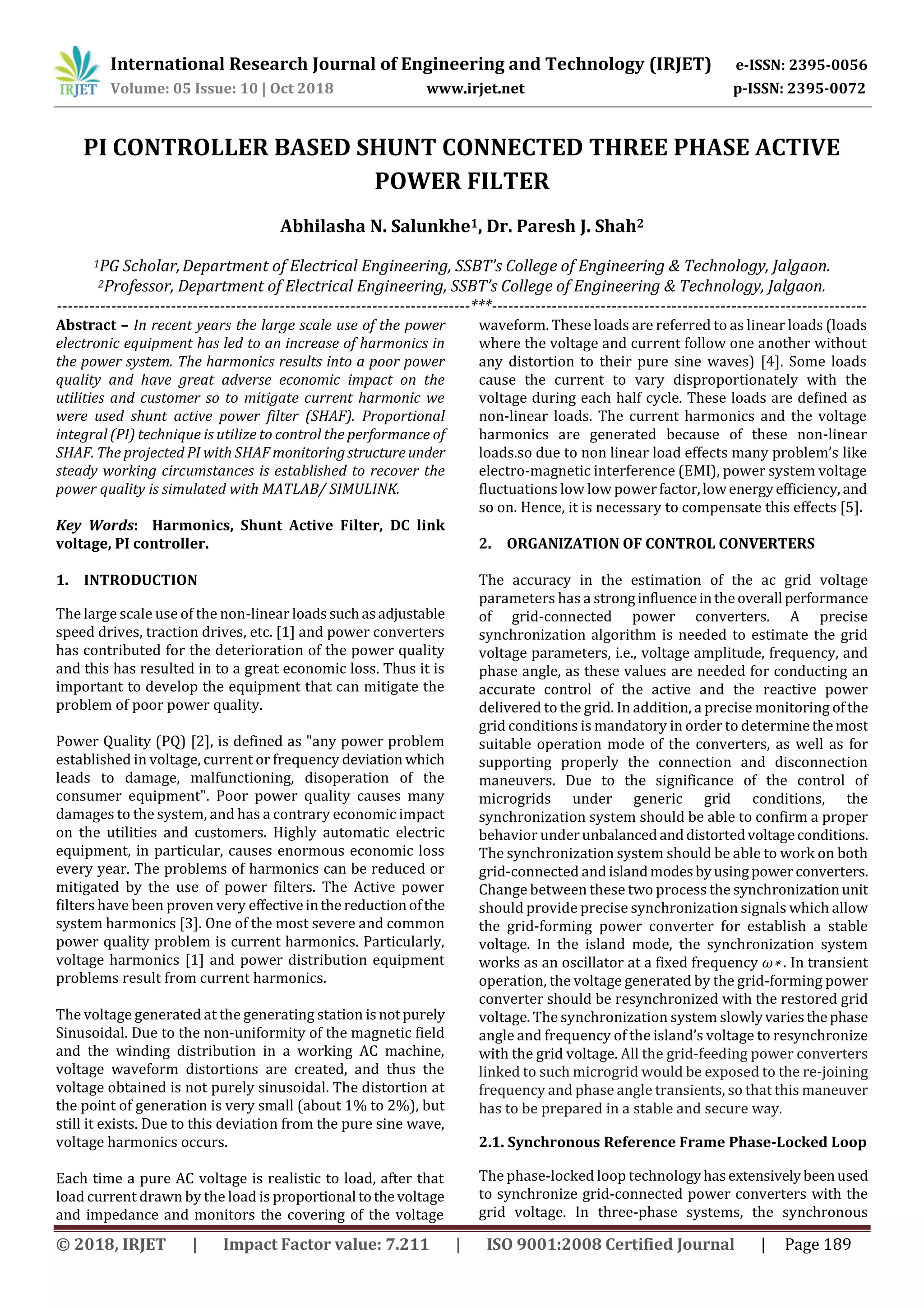IRJET- PI Controller based Shunt Connected Three Phase Active Power Filter | PDF