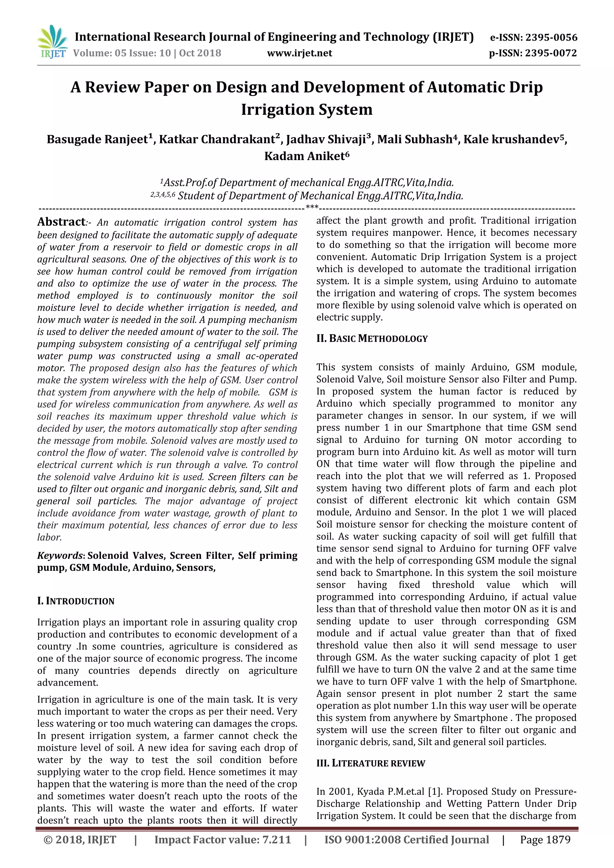 IRJET- A Review Paper on Design and Development of Automatic Drip ...