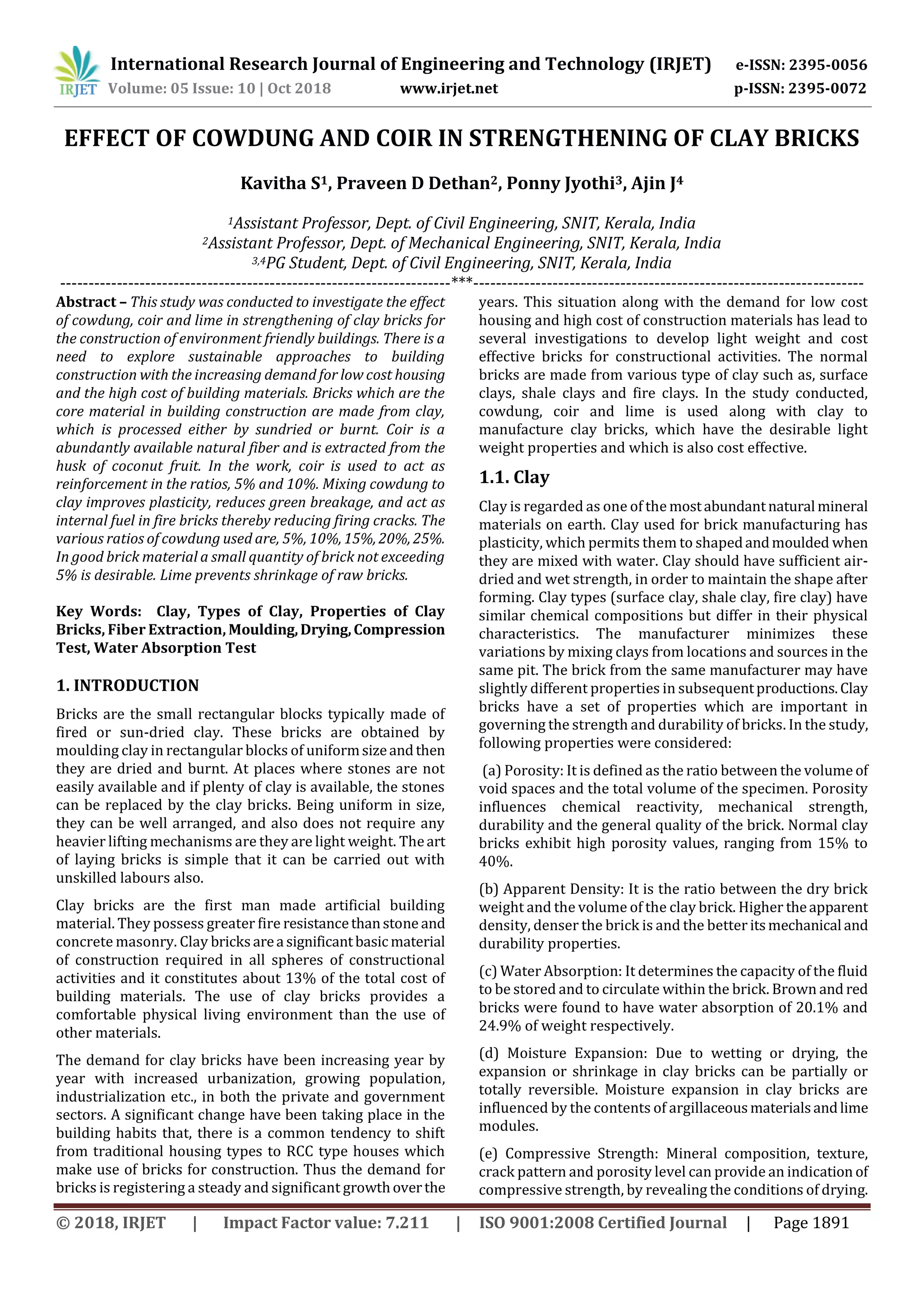 IRJET- Effect of Cowdung and Coir in Strengthening of Clay Bricks | PDF