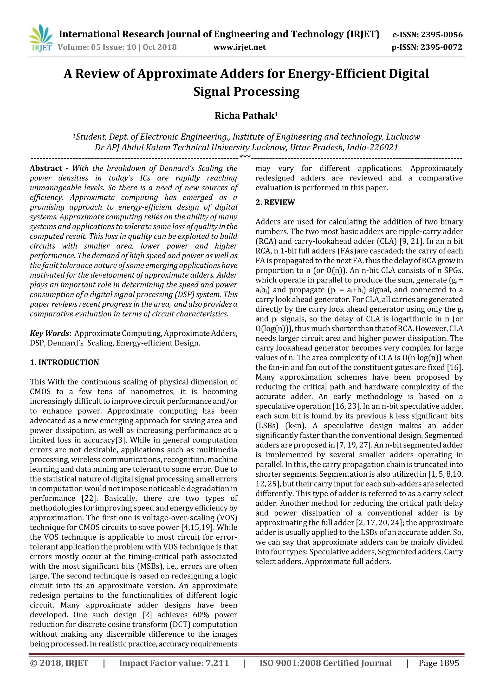 IRJET- A Review of Approximate Adders for Energy-Efficient Digital Signal Processing | PDF