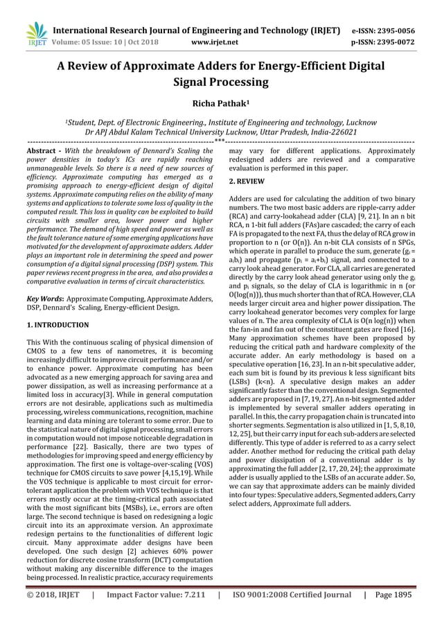 IRJET- A Review of Approximate Adders for Energy-Efficient Digital Signal Processing | PDF ...