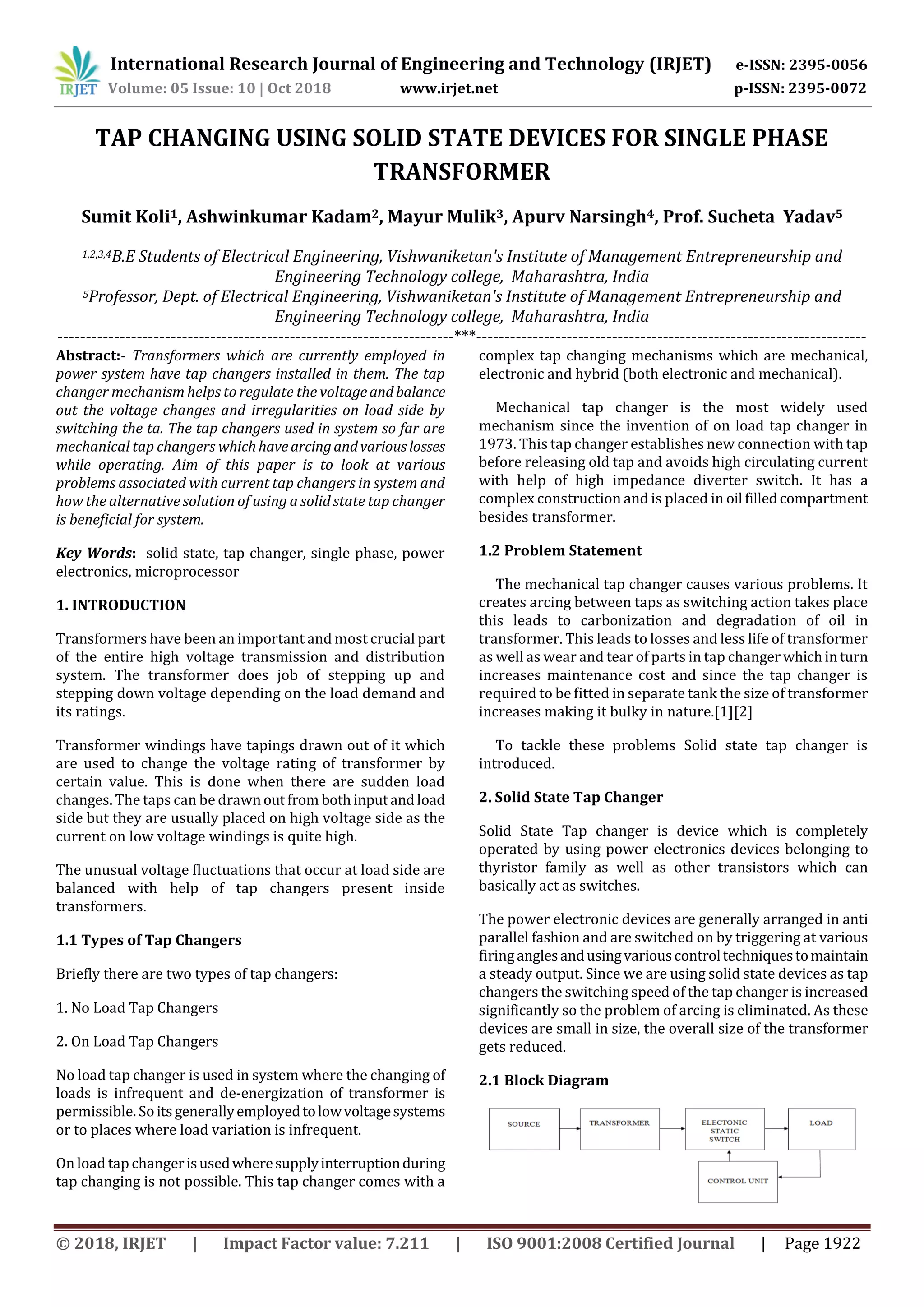 IRJET- Tap Changing using Solid State Devices for Single Phase ...