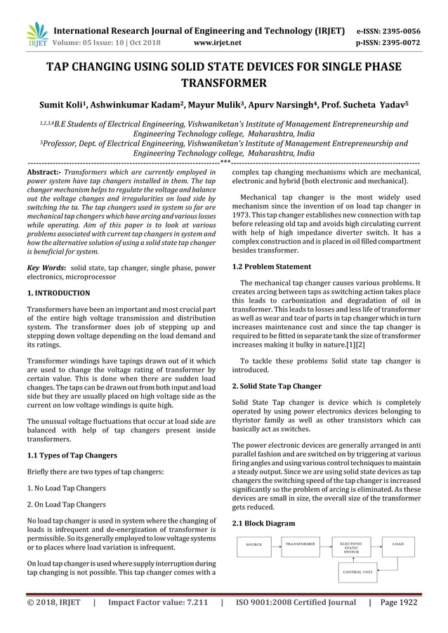 IRJET- Tap Changing using Solid State Devices for Single Phase Transformer | PDF | Radio Control ...