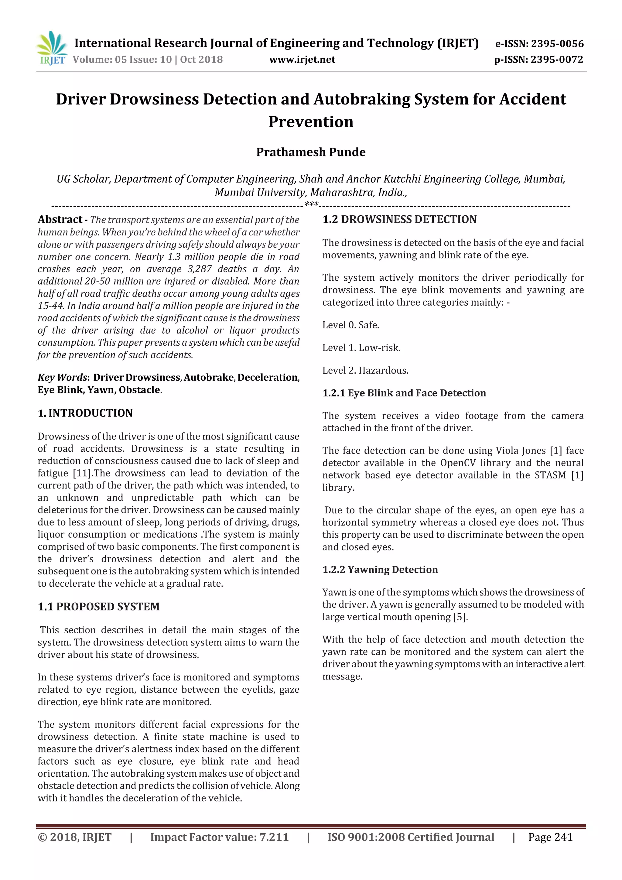 IRJET- Driver Drowsiness Detection and Autobraking System for Accident Prevention | PDF