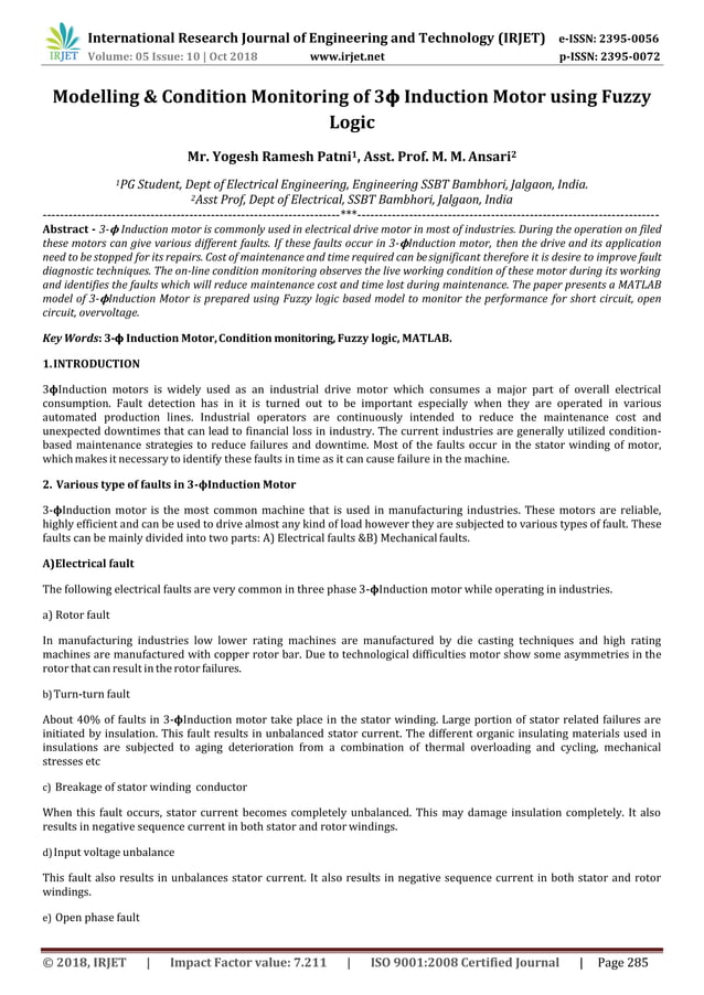 Irjet Modelling And Condition Monitoring Of 3훟 Induction Motor Using Fuzzy Logic Pdf