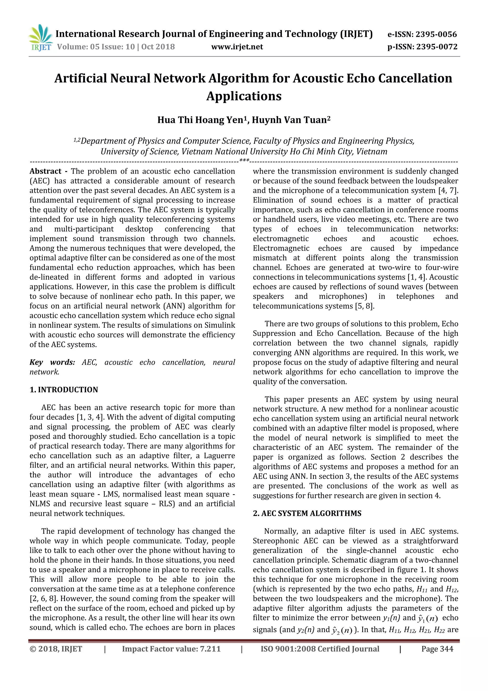 IRJET- Artificial Neural Network Algorithm for Acoustic Echo Cancellation Applications | PDF