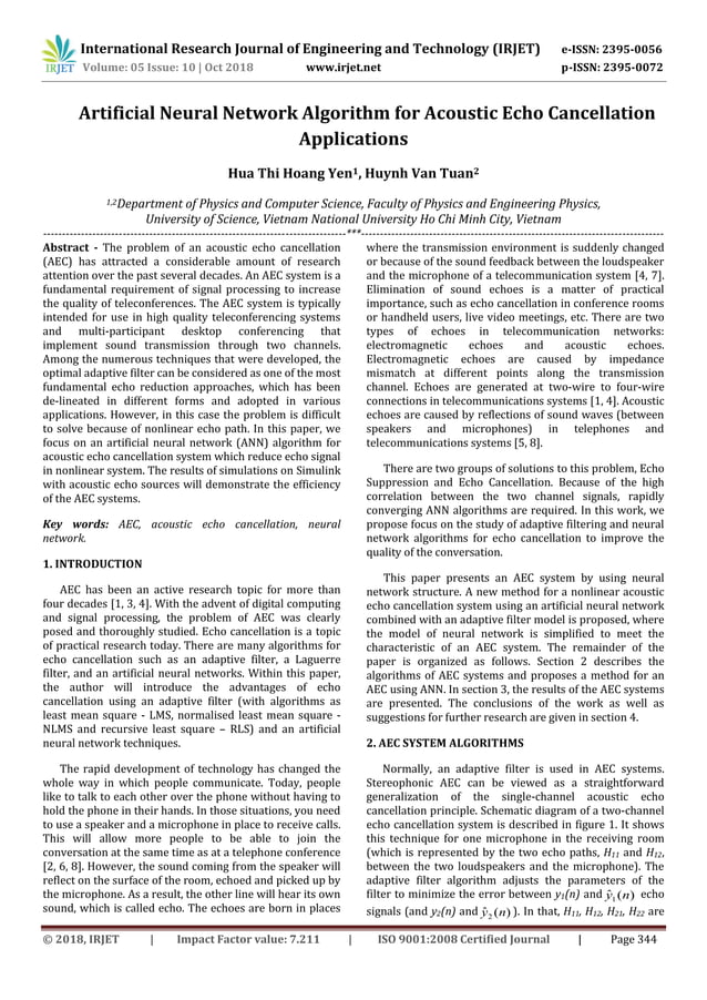 IRJET- Artificial Neural Network Algorithm for Acoustic Echo Cancellation Applications | PDF